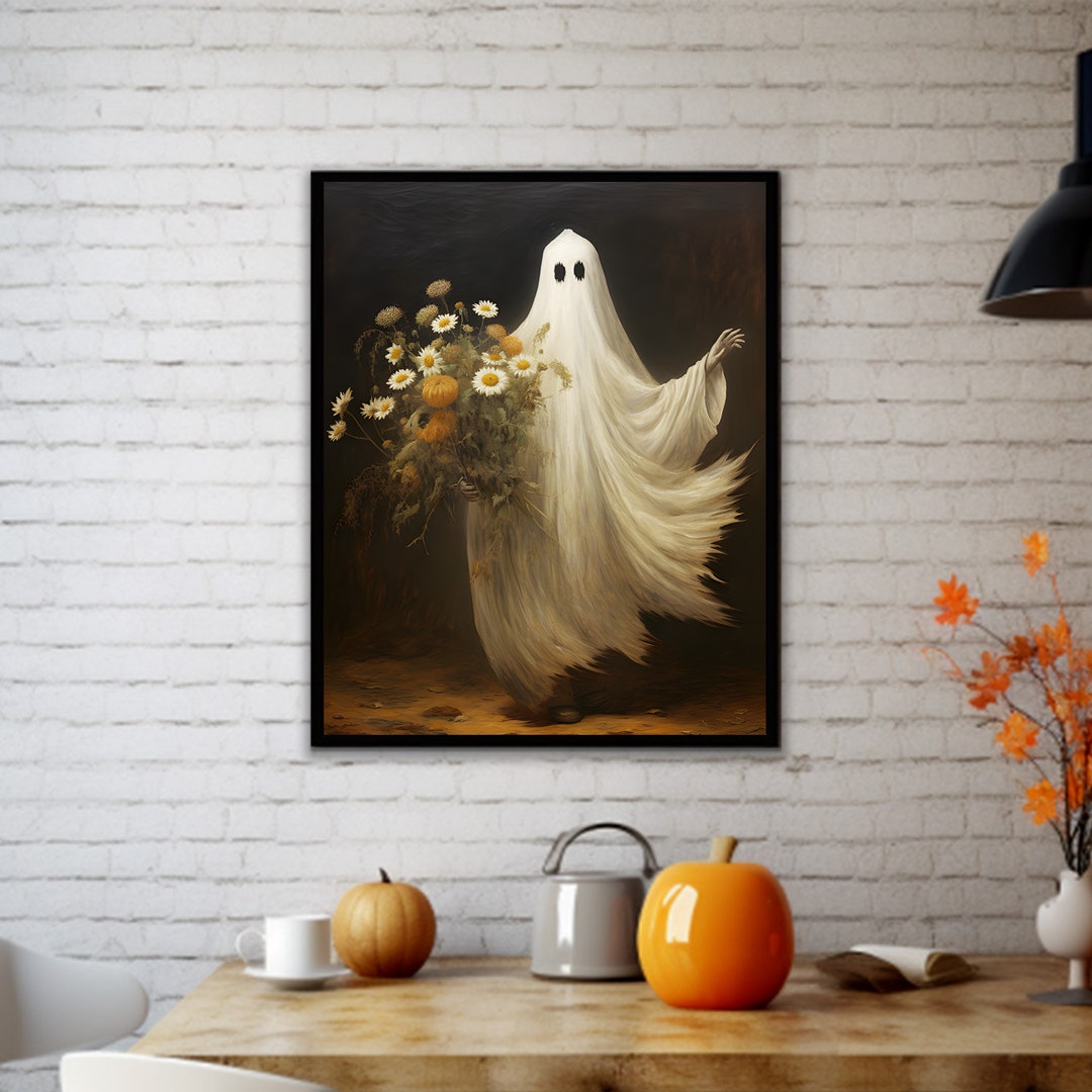 Halloween Ghost Art, Ethereal Spirit With Floral Bouquet, Vintage Ghost ...