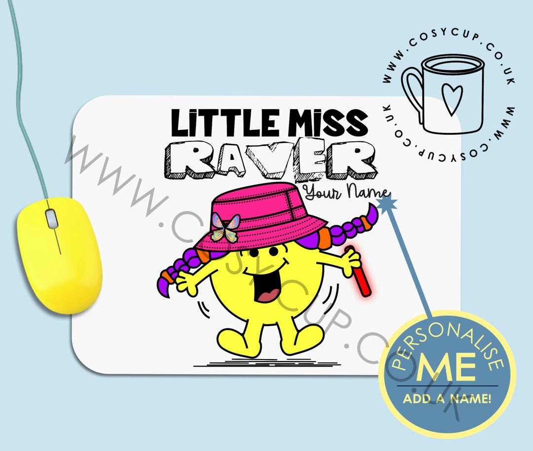 Personalised Mouse Mat, Little Miss Raver, Mr Men Inspired Design, Gift ...