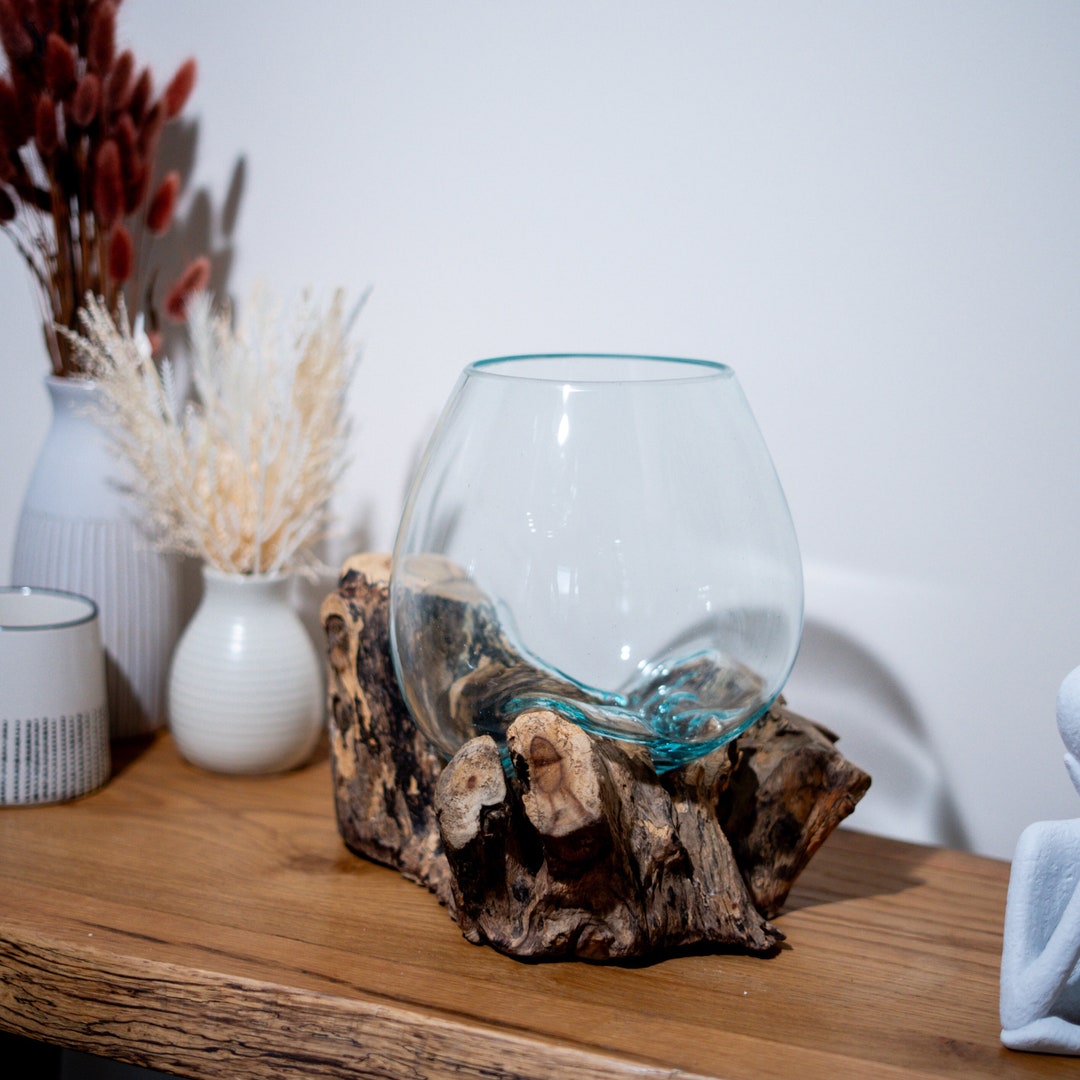 Melted Glass Bowl on Wood Melted Glass Bowls Driftwood Glass Vase ...