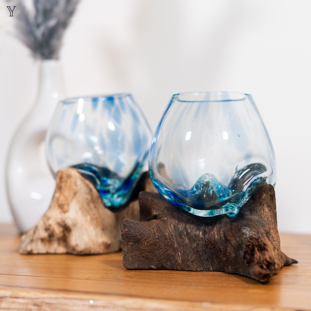 Melted Glass Bowl on Wood Melted Glass Bowls Driftwood Glass Vase ...