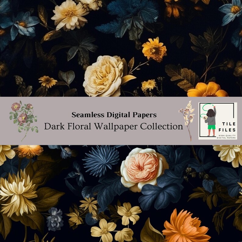 Dark Floral Digital Paper Patterns - Seamless Digital Paper Pack ...