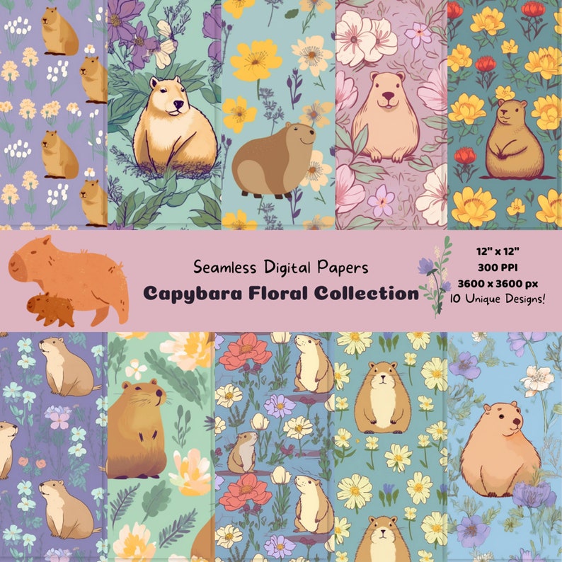 Capybara Floral Digital Paper Patterns - Seamless Digital Paper Pack ...
