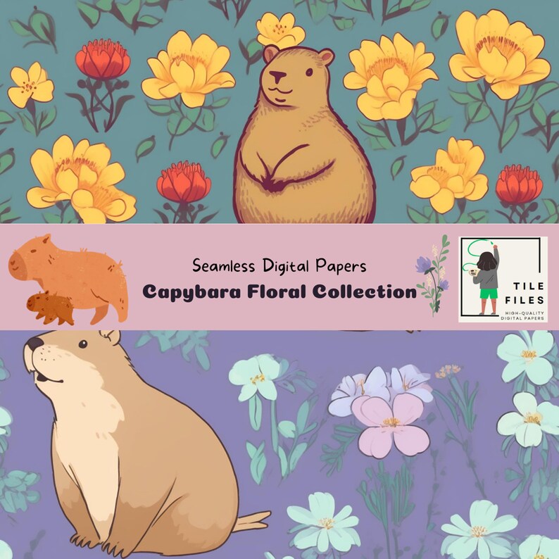 Capybara Floral Digital Paper Patterns - Seamless Digital Paper Pack ...