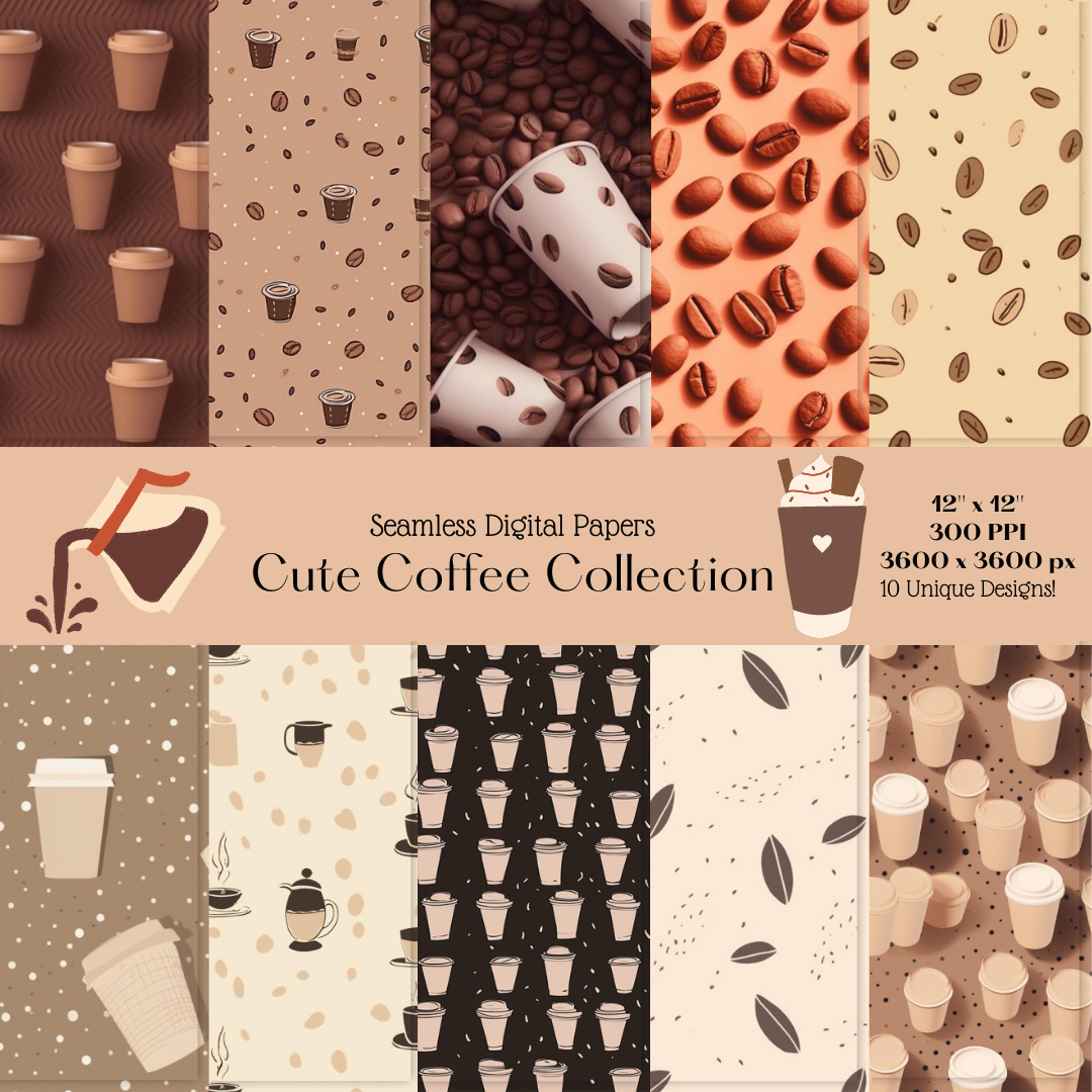 Cute Coffee Digital Paper Patterns Seamless Digital Paper Pack ...
