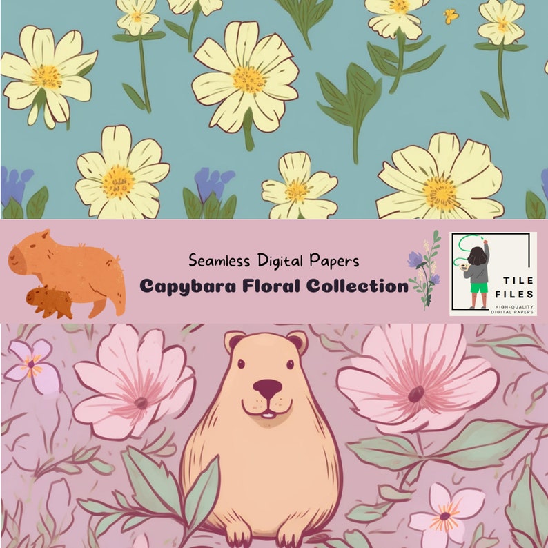 Capybara Floral Digital Paper Patterns - Seamless Digital Paper Pack ...