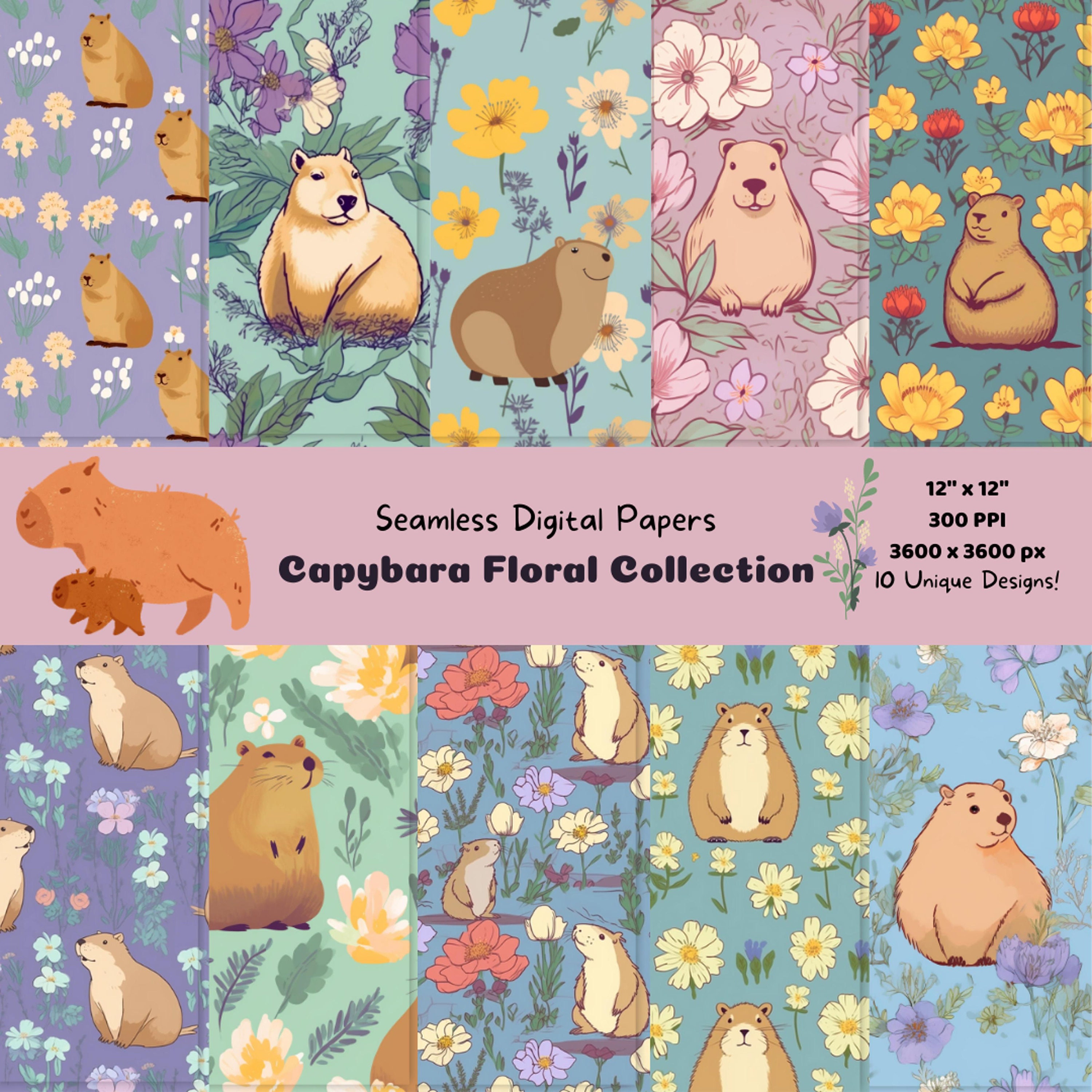 Capybara Floral Digital Paper Patterns - Seamless Digital Paper Pack ...