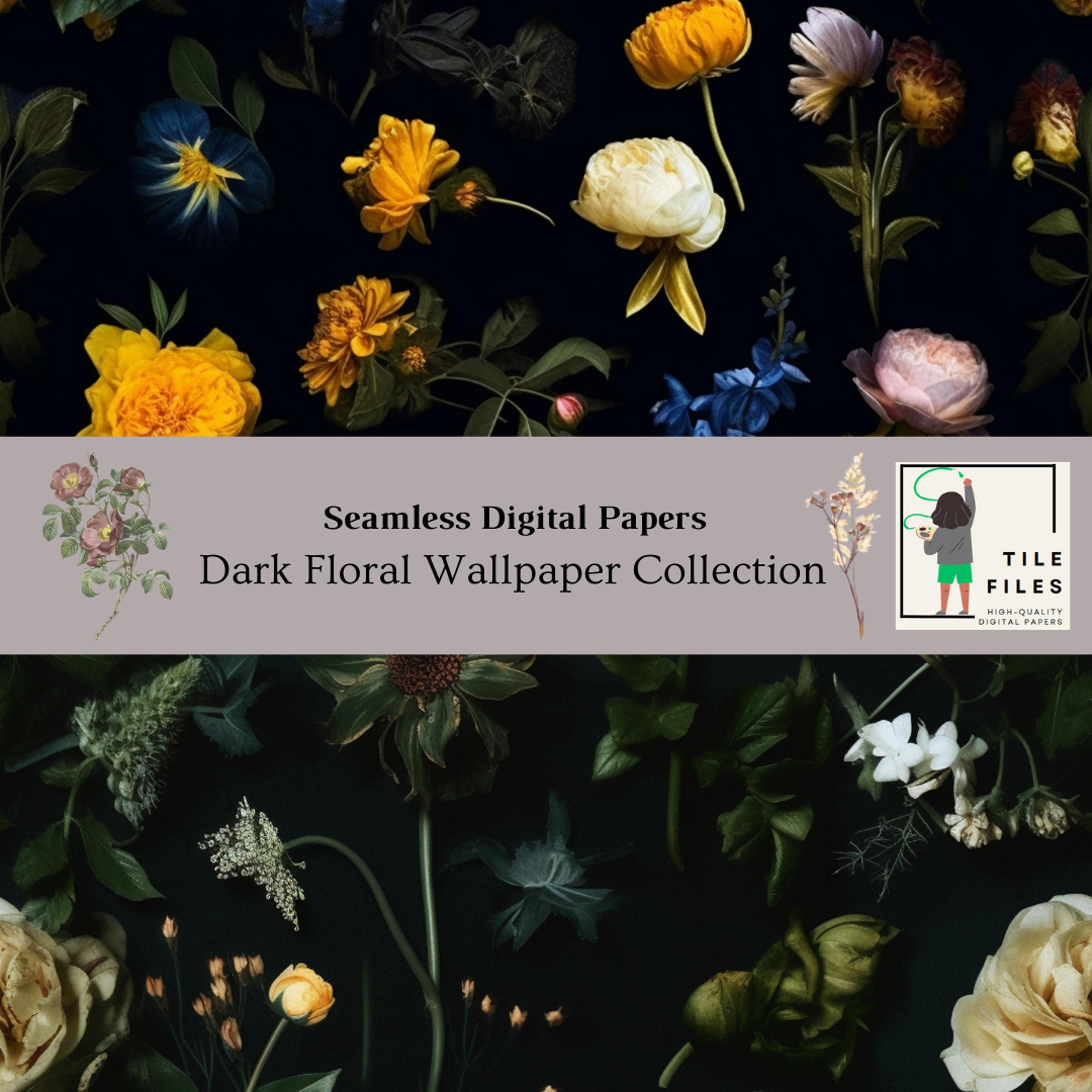 Dark Floral Digital Paper Patterns - Seamless Digital Paper Pack ...