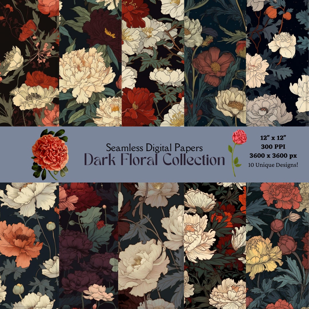 Dark Floral Digital Paper Patterns - Seamless Digital Paper Pack ...