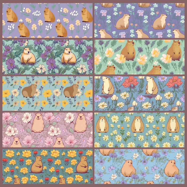 Capybara Floral Digital Paper Patterns - Seamless Digital Paper Pack ...