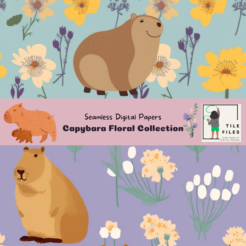 Capybara Floral Digital Paper Patterns - Seamless Digital Paper Pack ...