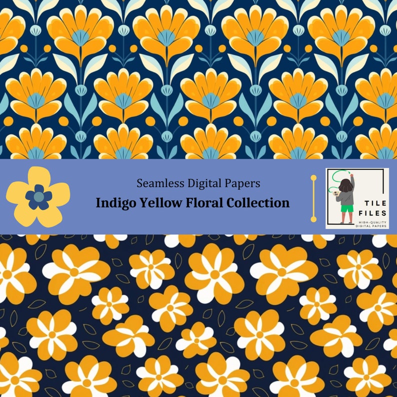 Patrones de papel Digital floral amarillo índigo y panal paquete de ...