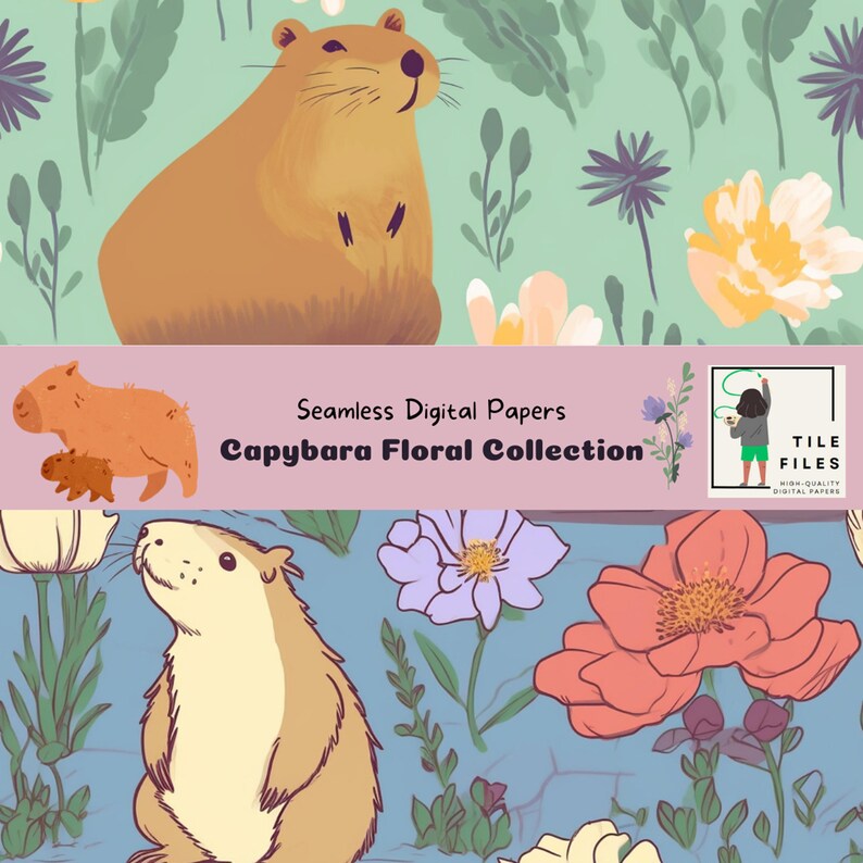 Capybara Floral Digital Paper Patterns - Seamless Digital Paper Pack ...
