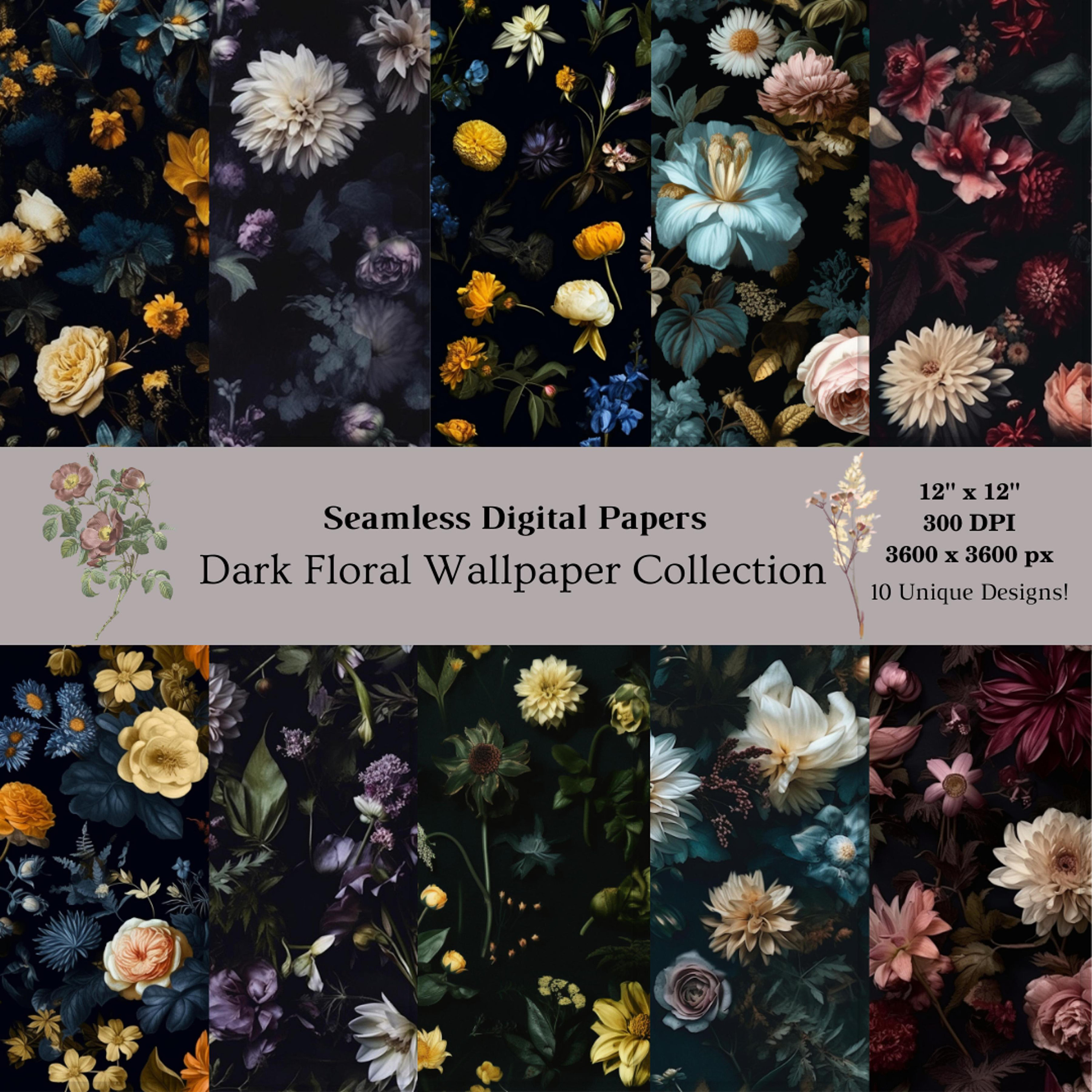 Dark Floral Digital Paper Patterns - Seamless Digital Paper Pack ...