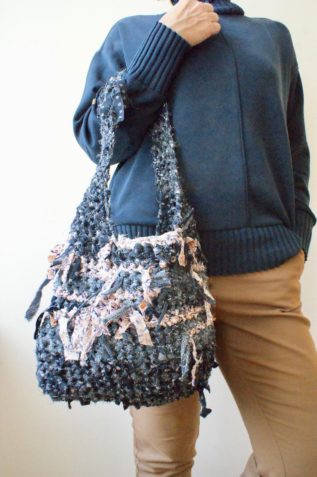 Reversible Bag, Upcycled, Made From Strips of Fabric, Handmade, Blue - Etsy