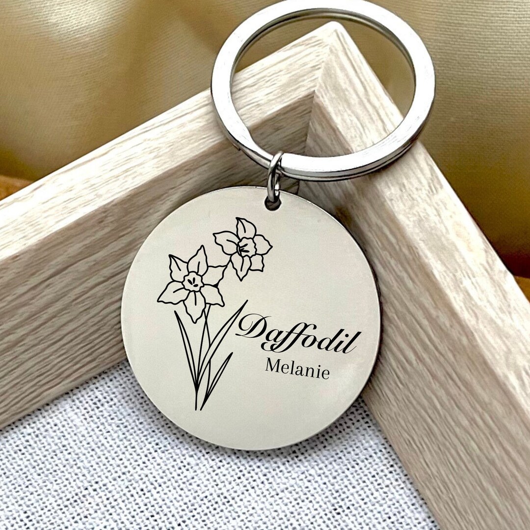Personalized Daffodil Stainless Steel Keyring: March Birth Flower Gift ...
