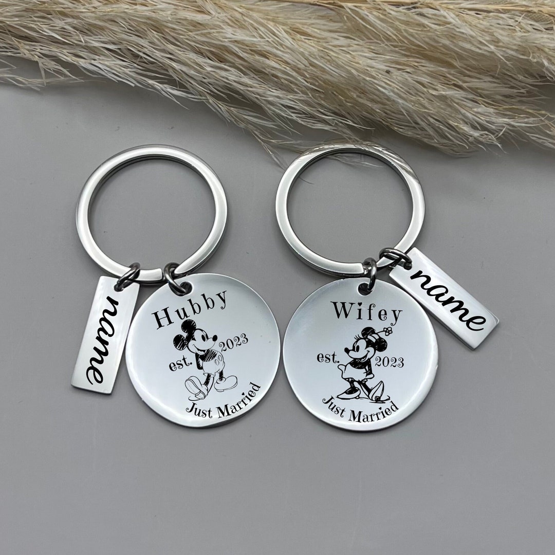 Custom Mickey Minnie Just Married Keychain Set - Stainless Steel Couple ...