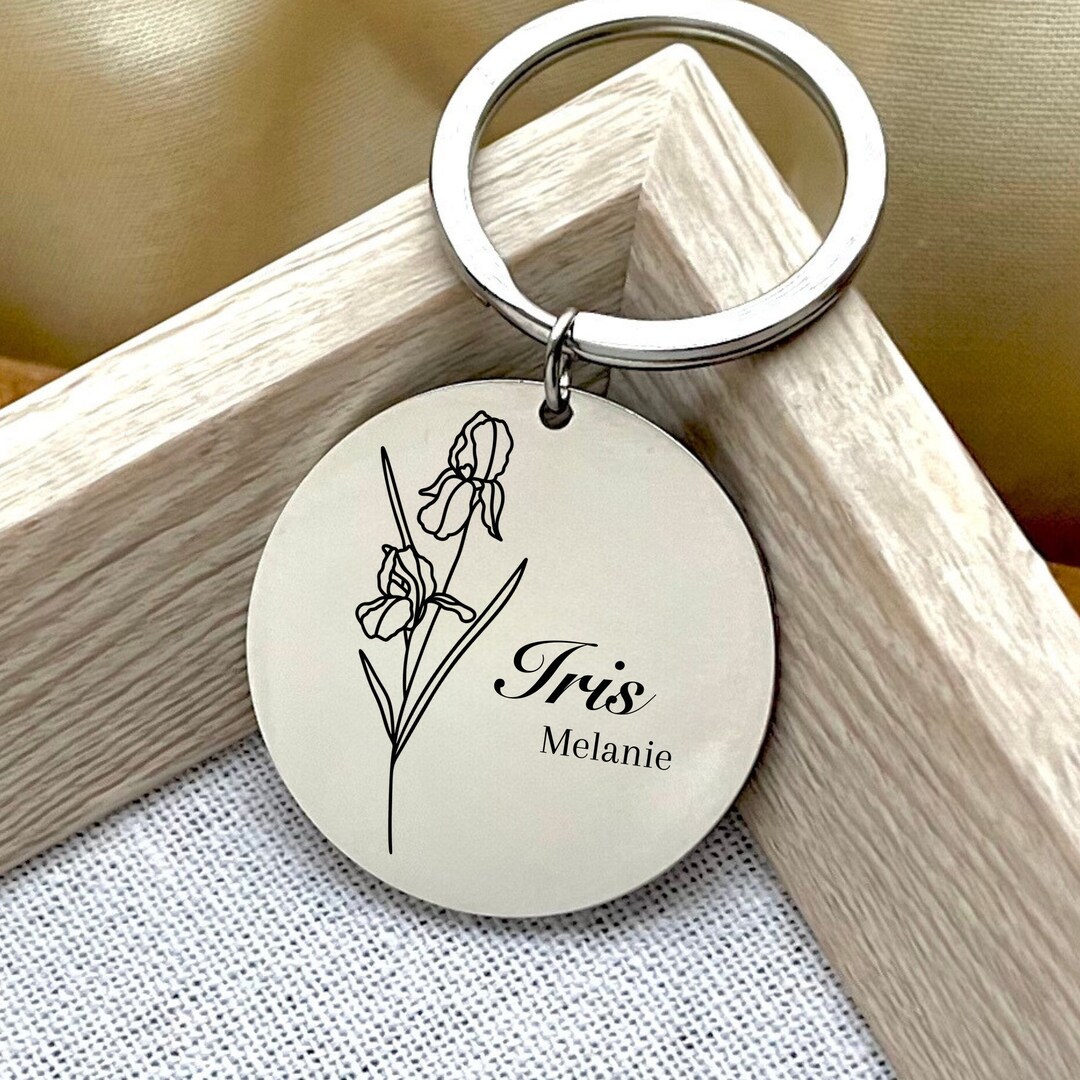 Custom Iris Birth Flower Stainless Steel Keychain - Personalized May ...