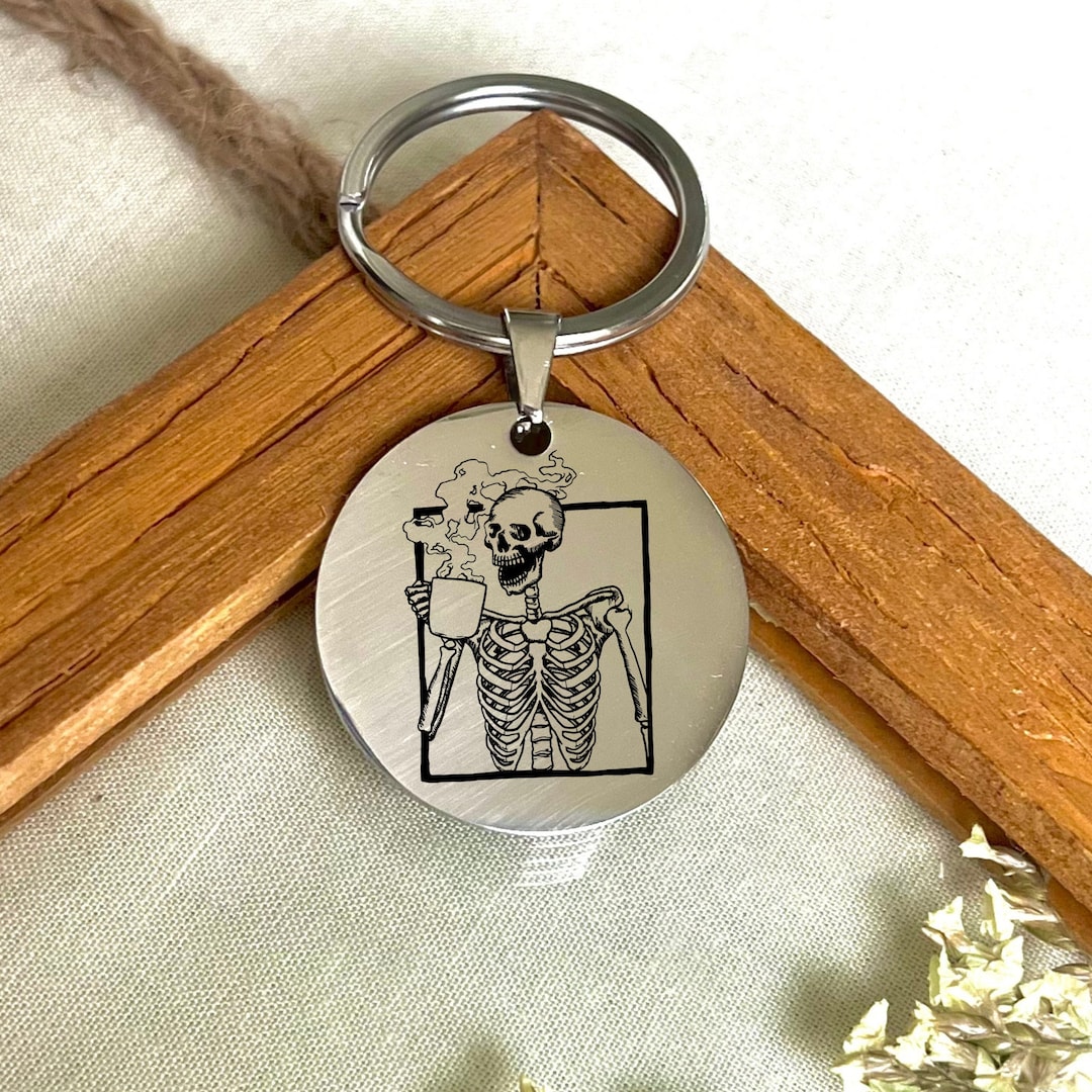 Custom Coffee Drinking Skeleton Stainless Steel Keychain - Personalized ...
