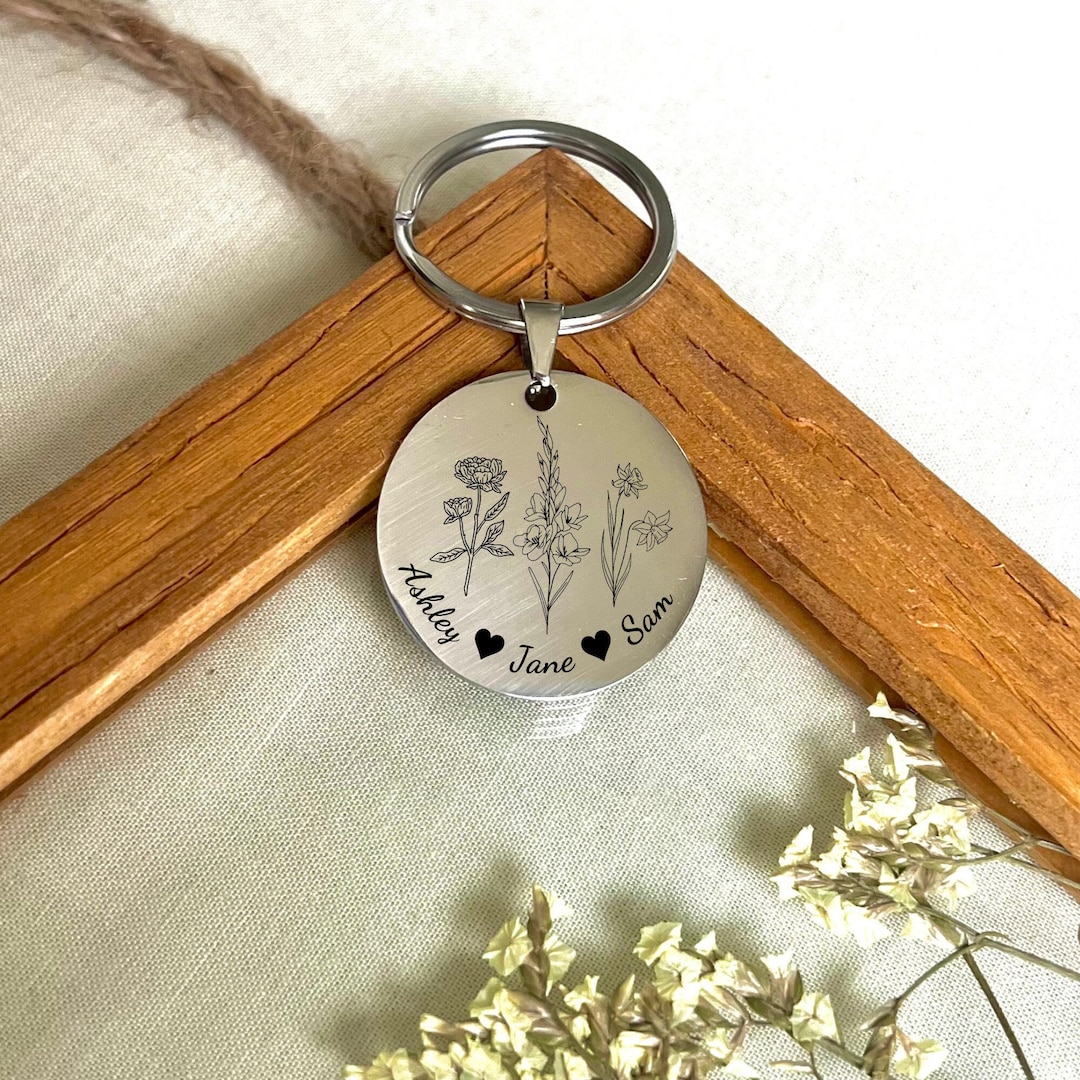 Personalized Birth Flower Keychain: Custom Stainless Steel Keepsake - Etsy