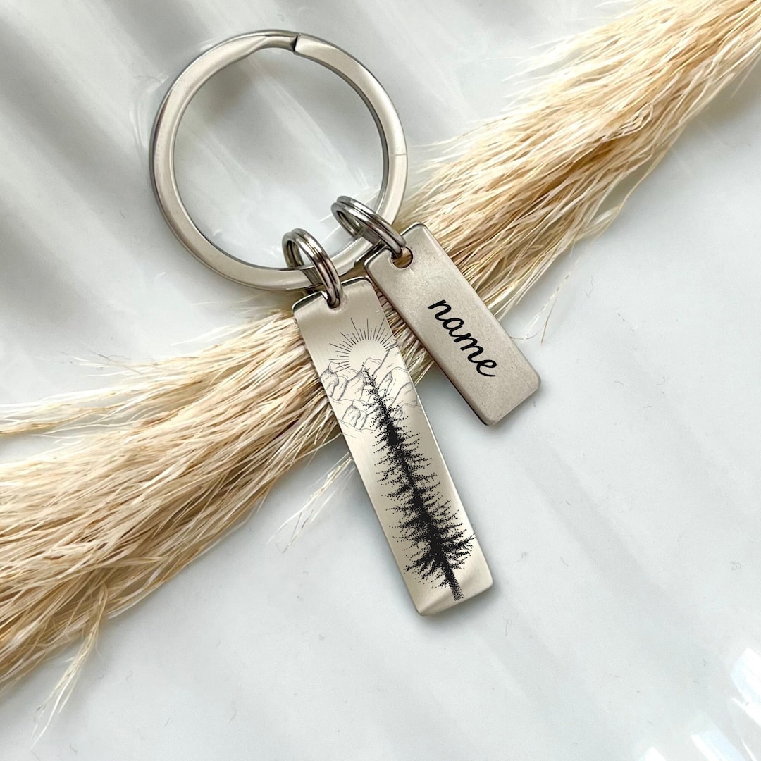 Custom Pine Tree Mountain Sun Stainless Steel Keychain - Personalized ...