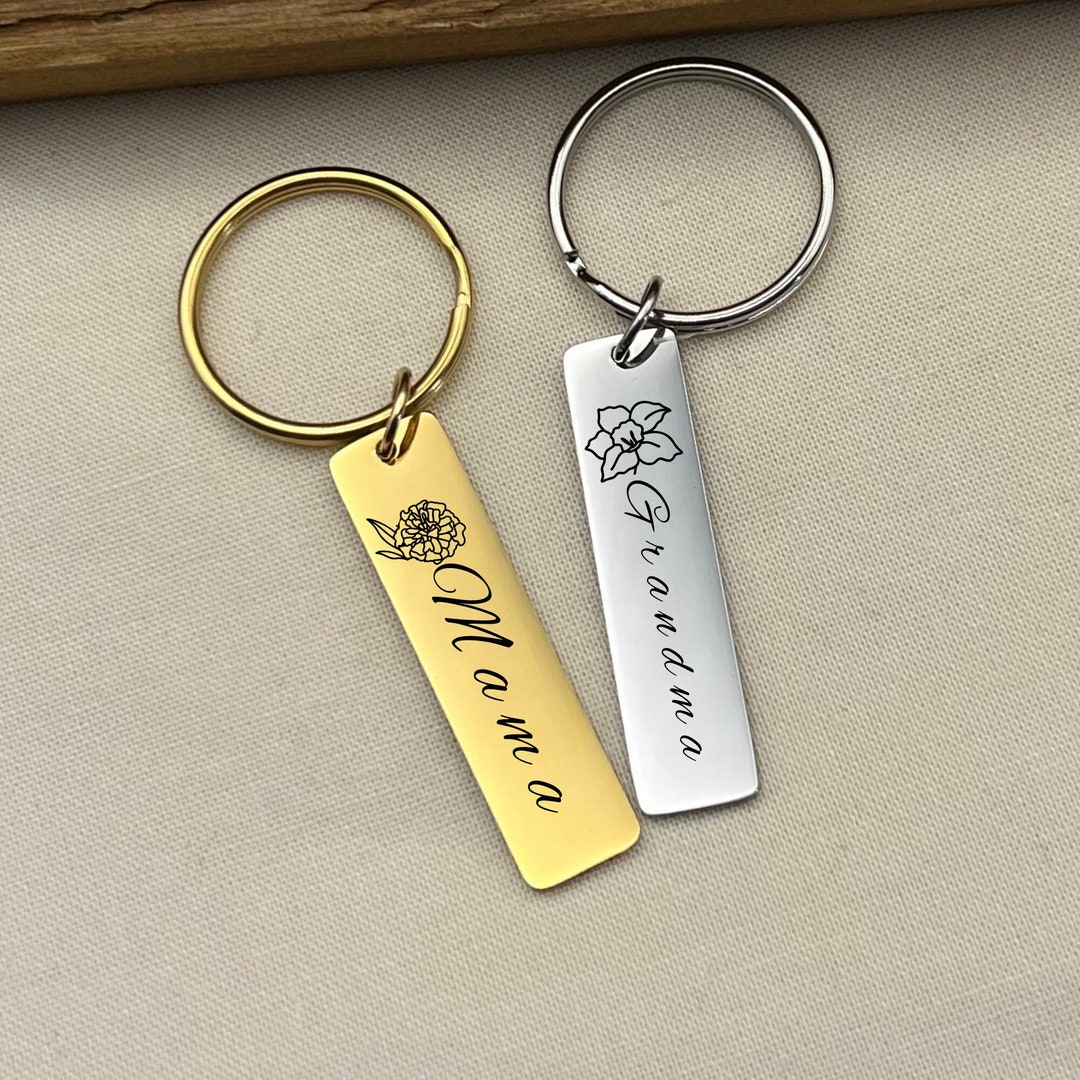 Personalized Birth Flower Stainless Steel Keychain - Custom Name Floral ...