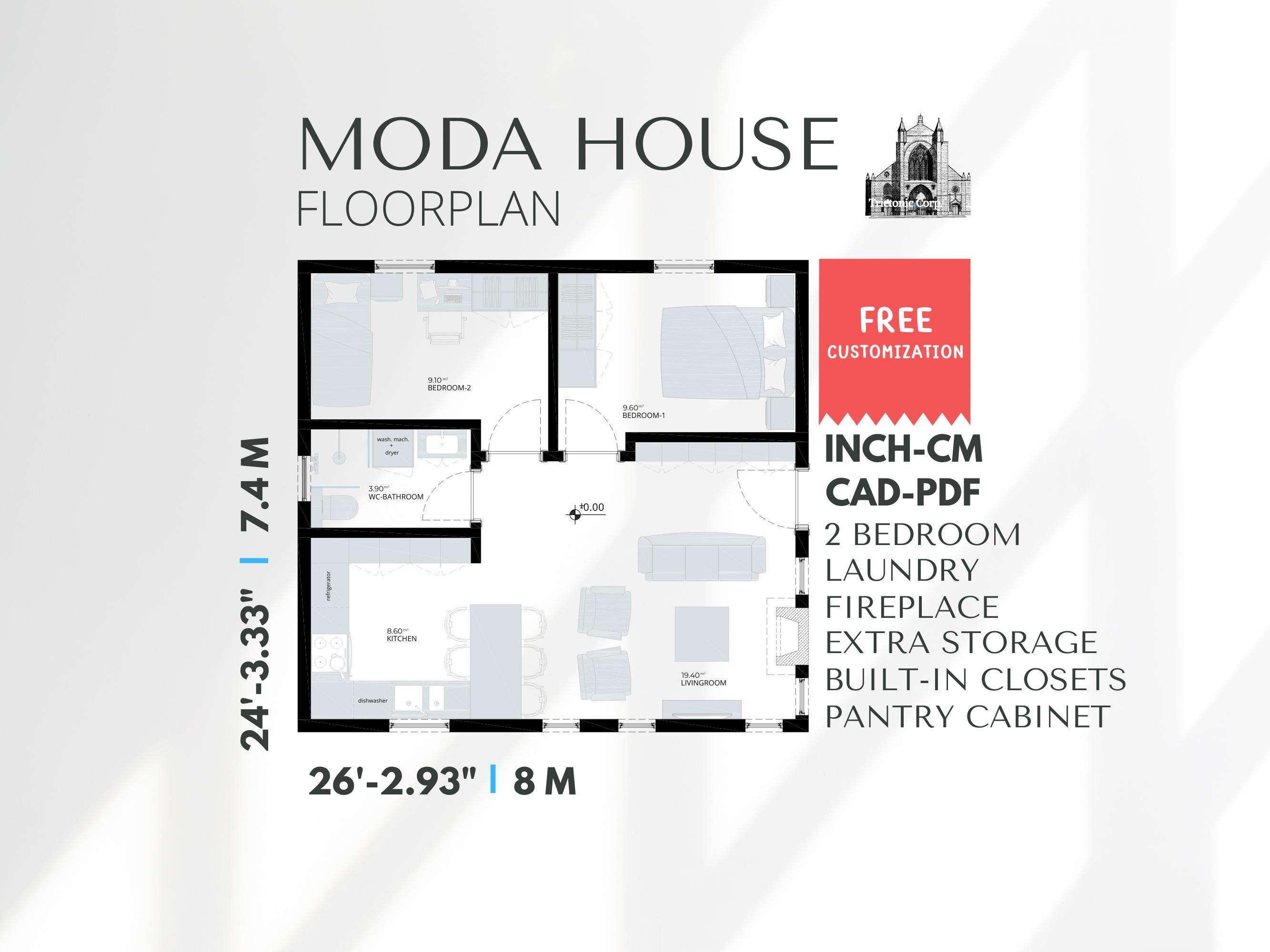 2 Bedroom Cottage House Plans: Small Home Layout (24x26) (2D CAD + PDF ...