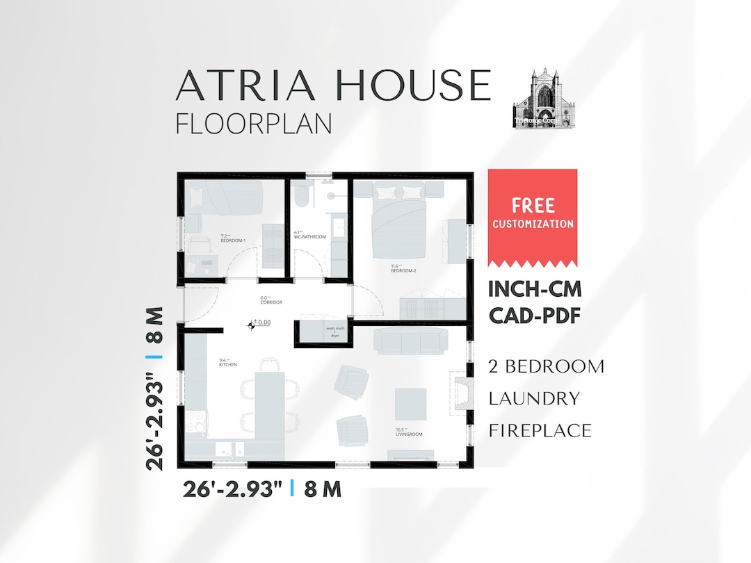 26x26 2 Bedroom House Plans: Cottage Home Design (2D CAD + PDF) - Etsy