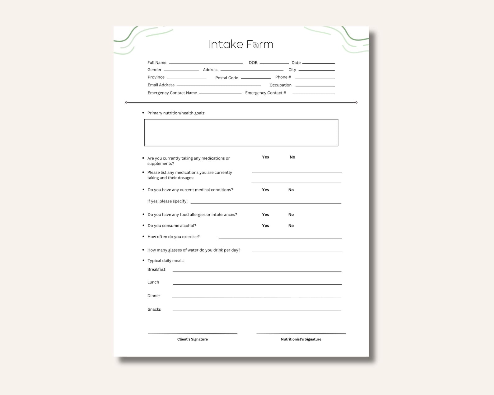 Nutritionist Client Intake Form, Canadian, Printable PDF, Health Plans ...
