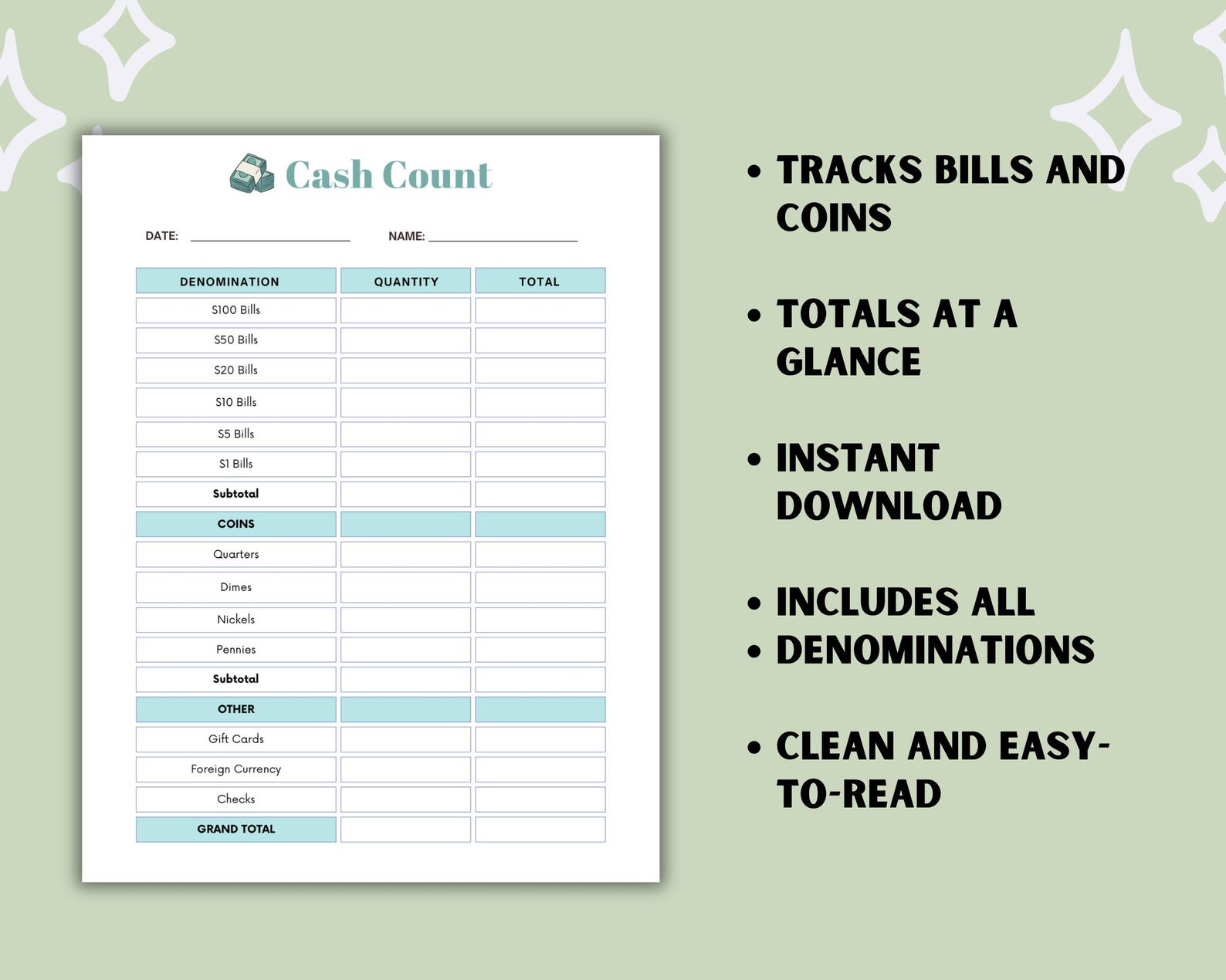 Cash Count Sheet Printable Money Tally Log Daily Register Count Form ...