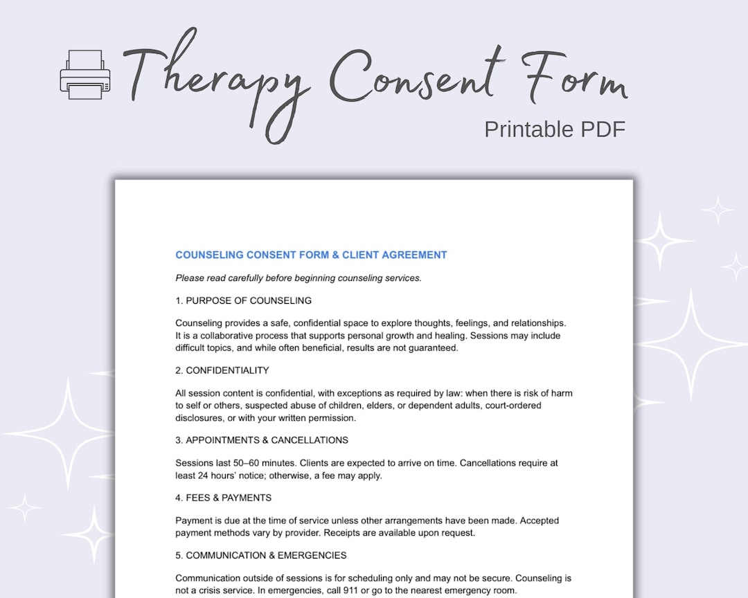 Counseling Consent Form, Client Agreement, Printable PDF, Therapy ...