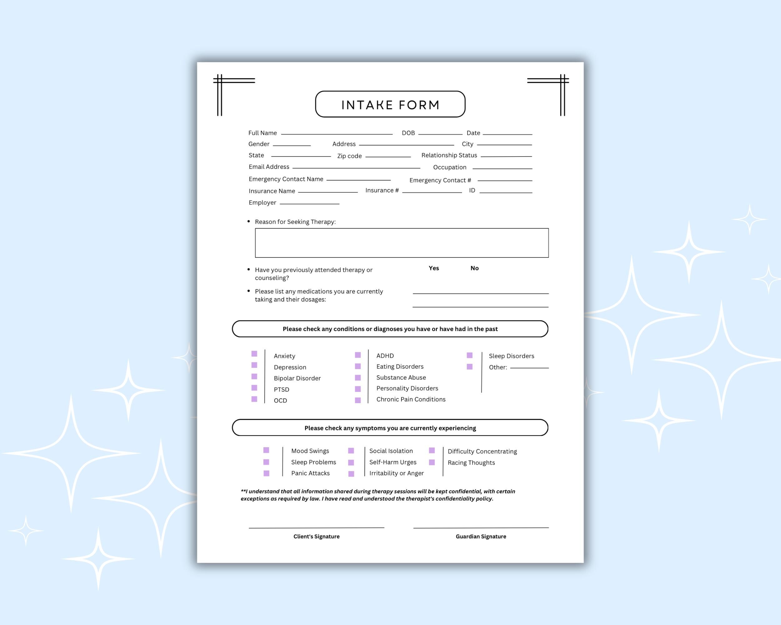 Therapist Intake Form, USA, Mental Health, Intake Form Template ...