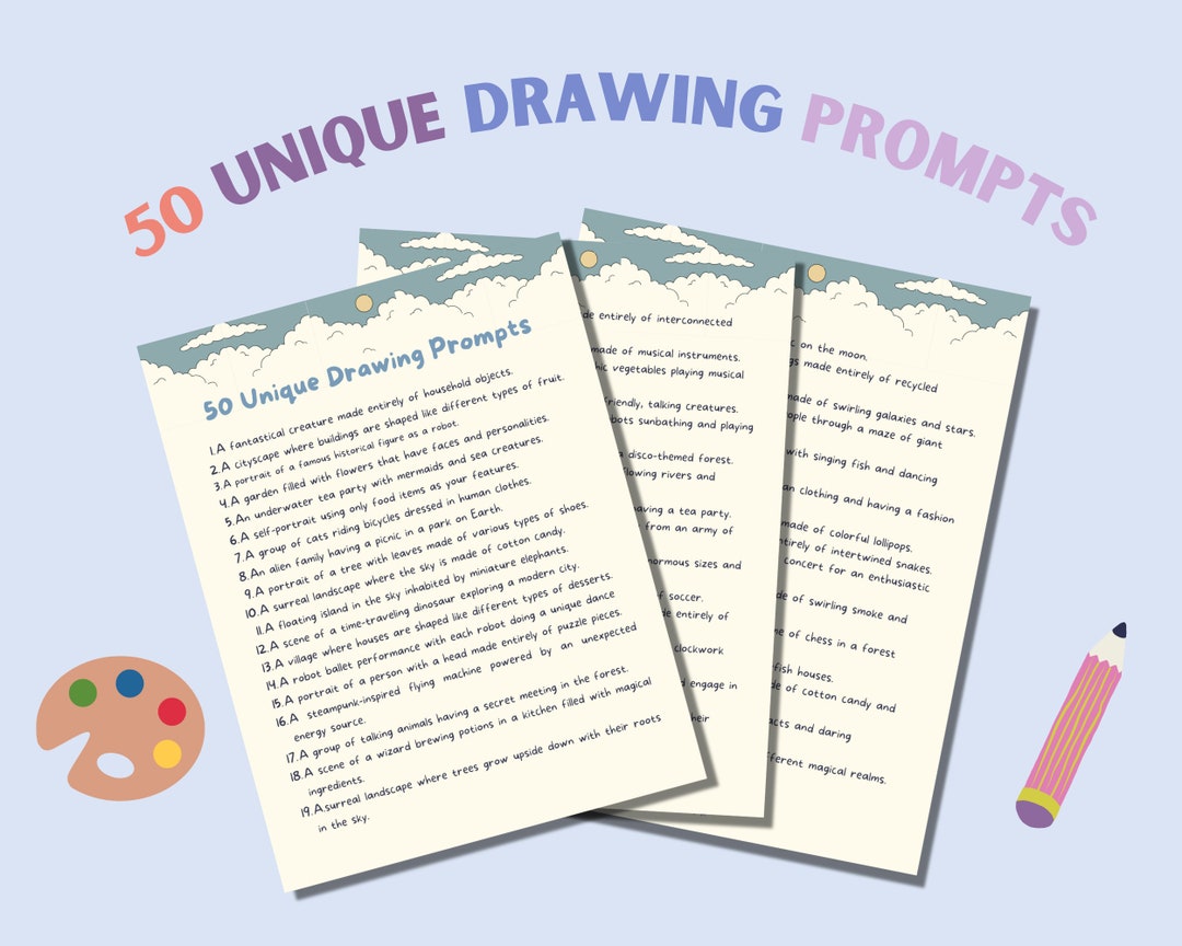 50 Drawing Prompts, Journal Artwork Prompts, Mental Health Journal ...