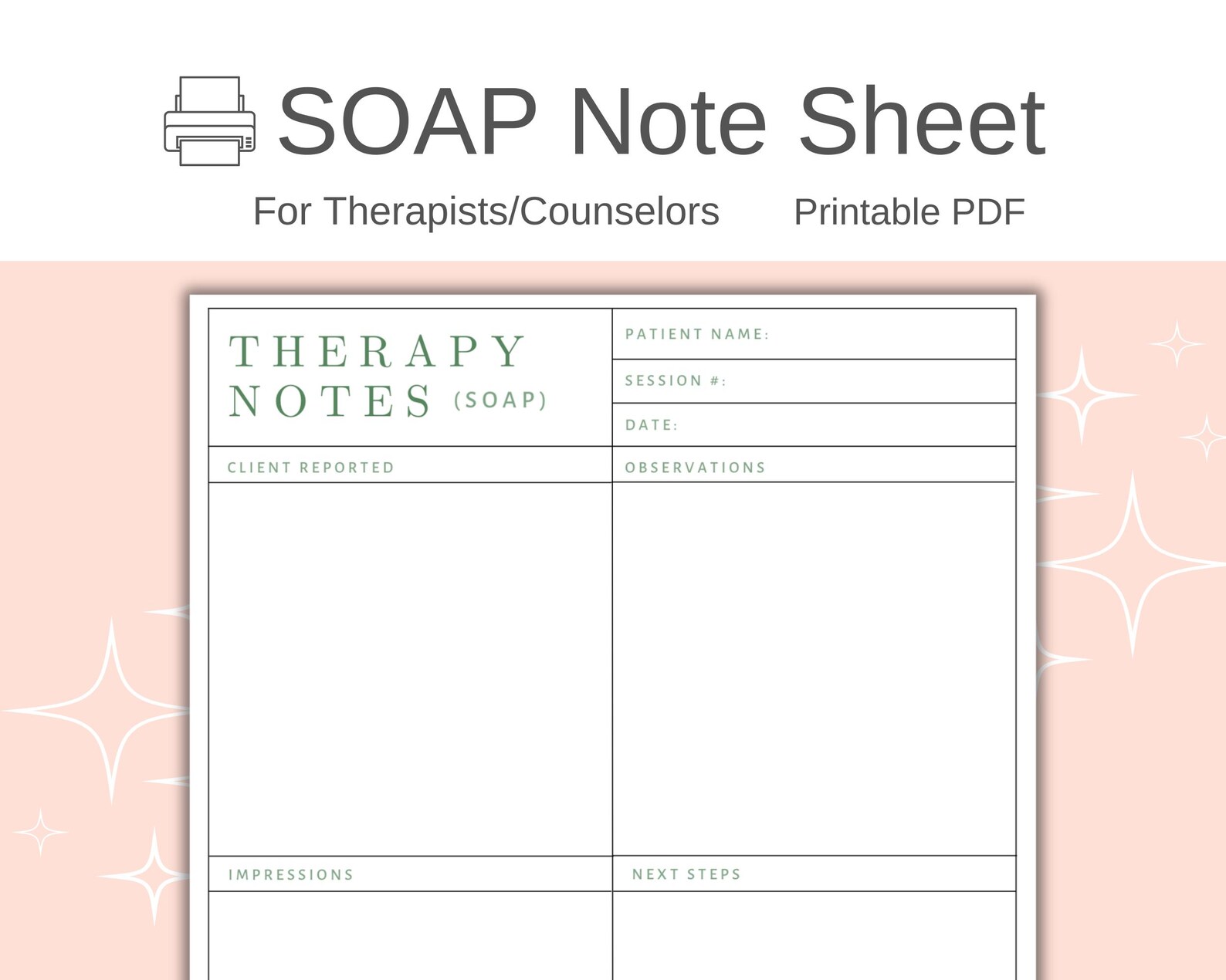 SOAP Note Template for Therapists, Printable PDF, Counseling Progress ...