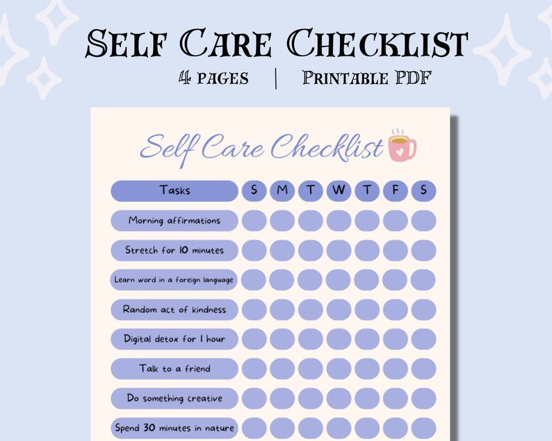 Self Care Checklist Printable Digital Pdf Self Care To Do List