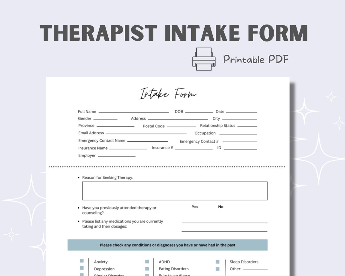 Counseling Intake Form, Canadian, Psychotherapy Consent, Mental Health ...