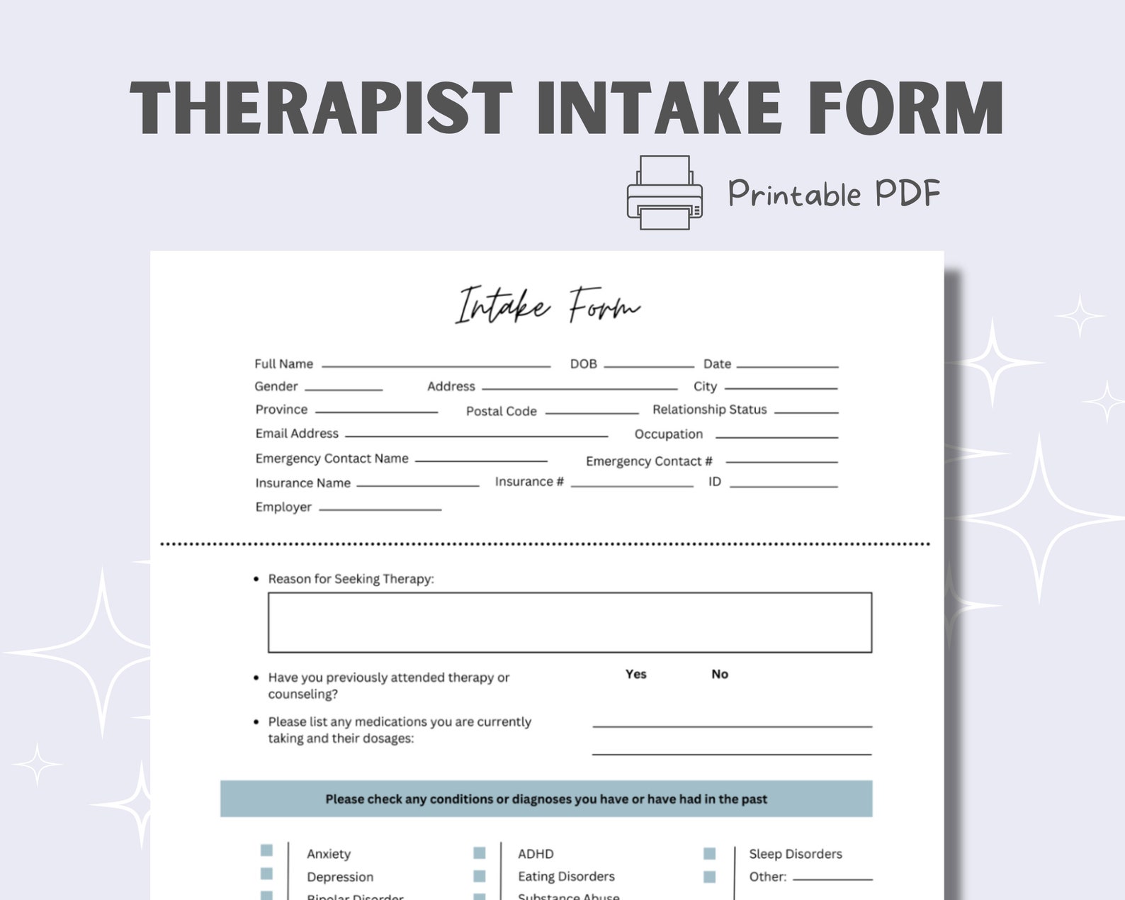 Counseling Intake Form, Canadian, Psychotherapy Consent, Mental Health ...