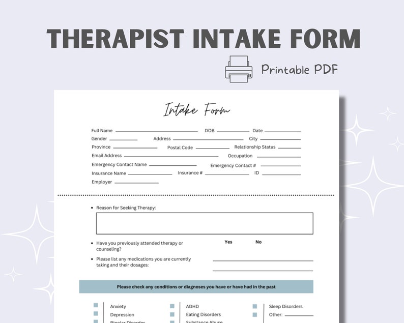 Counseling Intake Form, Canadian, Psychotherapy Consent, Mental Health ...