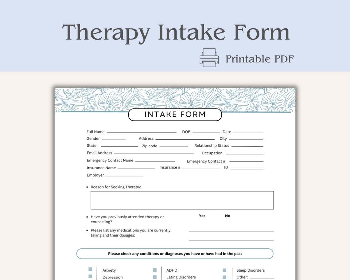 Counselling Intake Form, Therapy Intake, Psychotherapy Consent, Mental ...