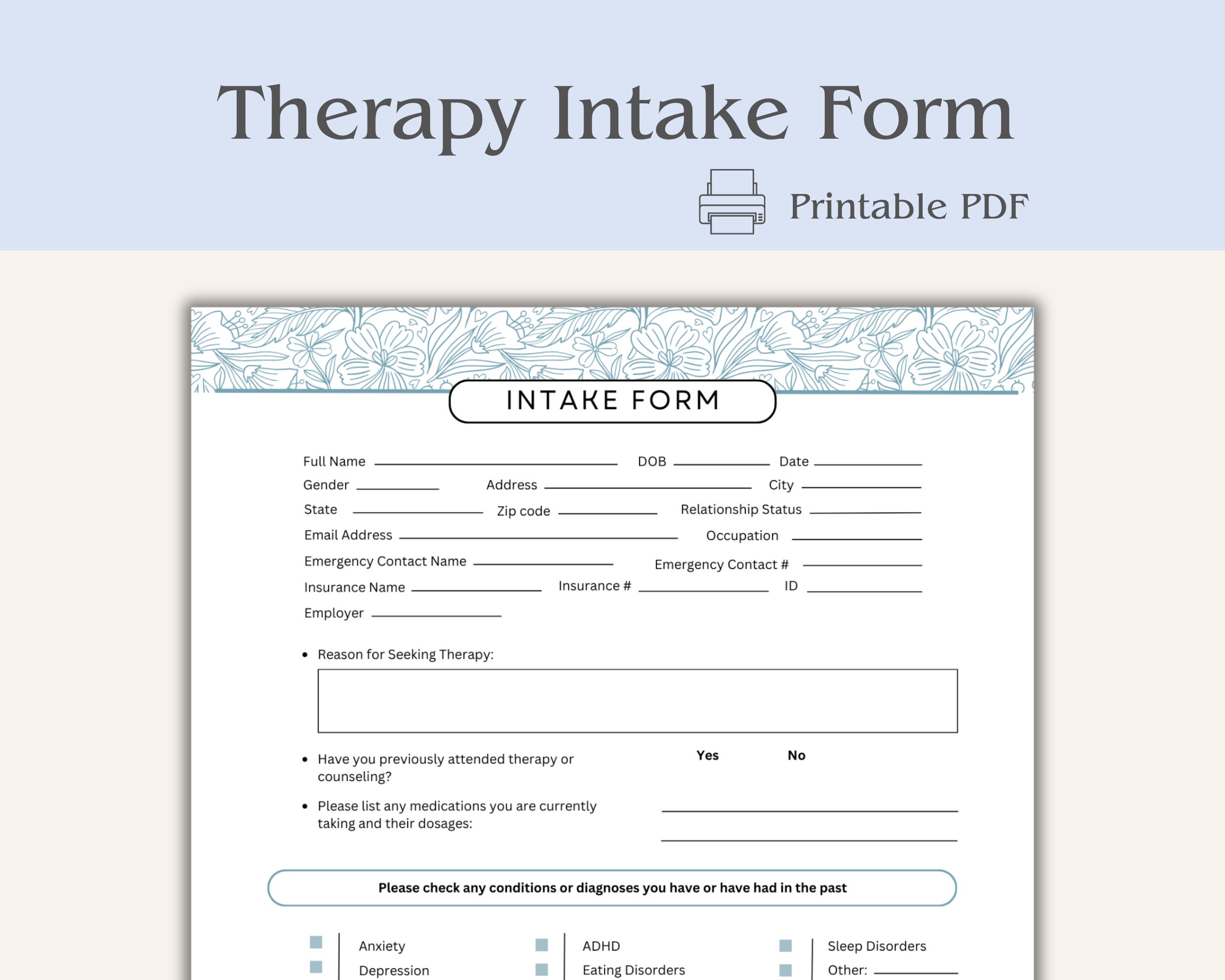 Counselling Intake Form, Therapy Intake, Psychotherapy Consent, Mental ...