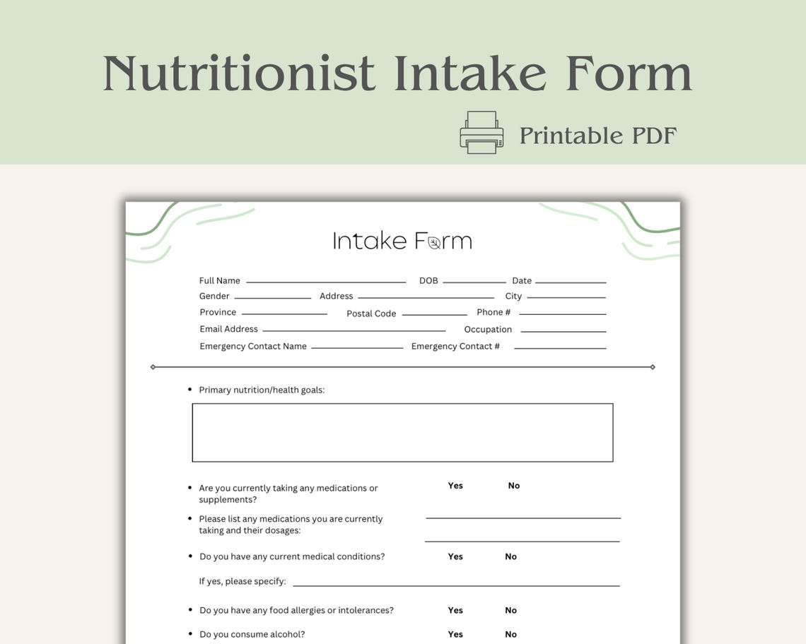 Nutritionist Client Intake Form, Canadian, Printable PDF, Health Plans ...