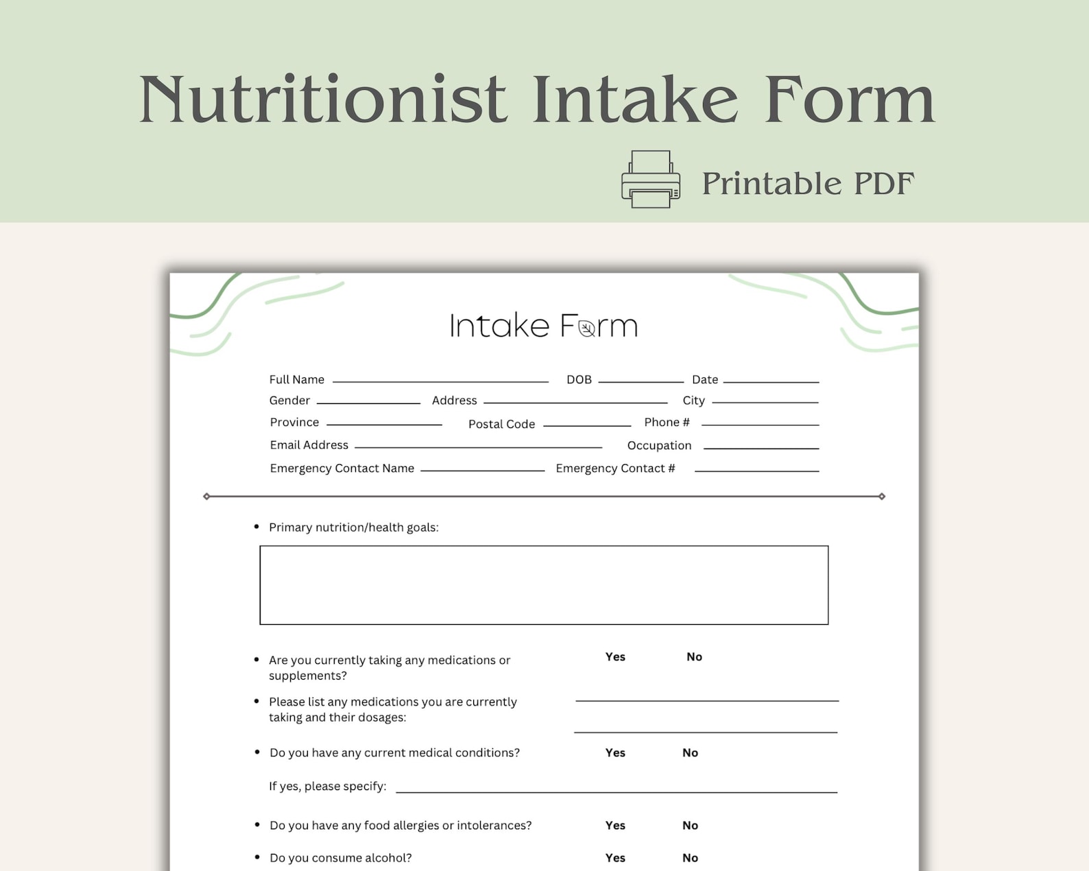Nutritionist Client Intake Form, Canadian, Printable PDF, Health Plans ...