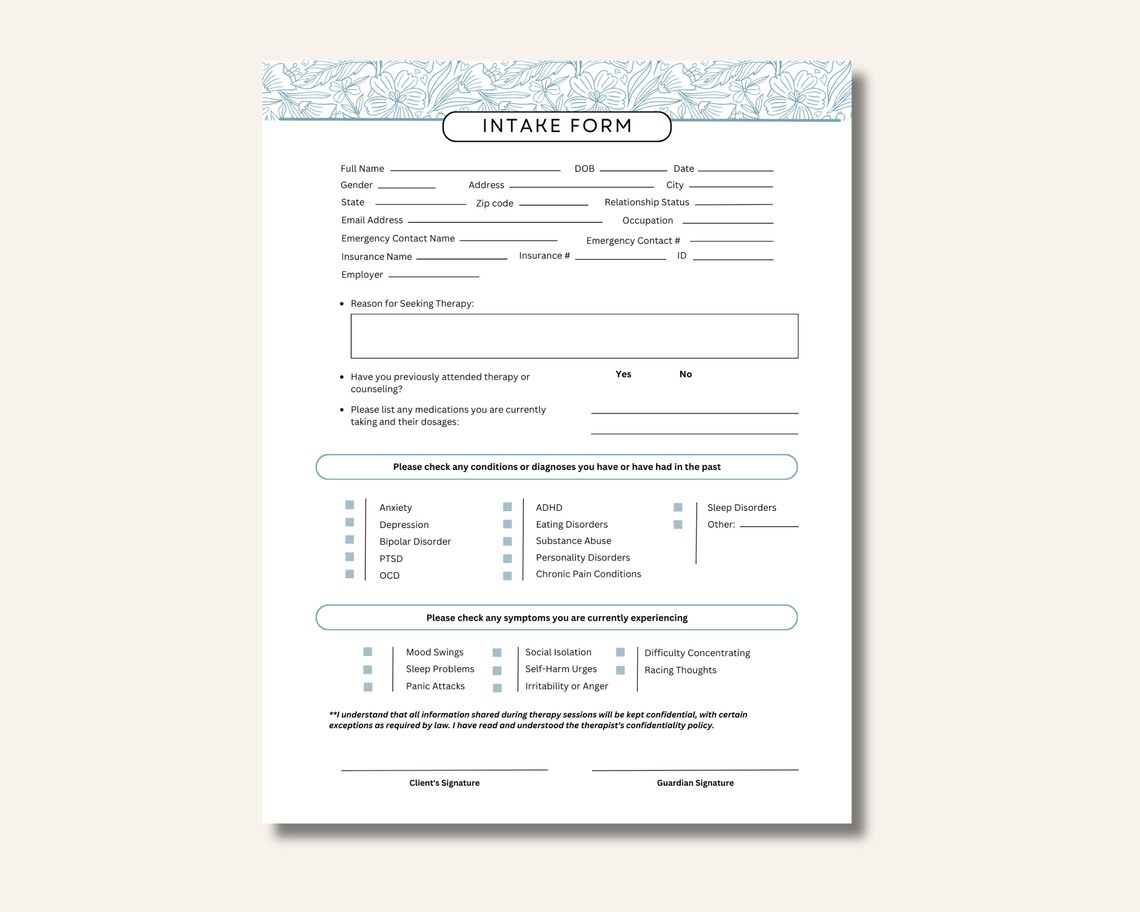Counselling Intake Form, Therapy Intake, Psychotherapy Consent, Mental ...