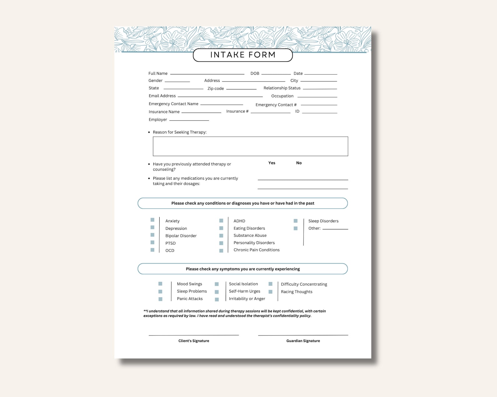 Counselling Intake Form, Therapy Intake, Psychotherapy Consent, Mental ...