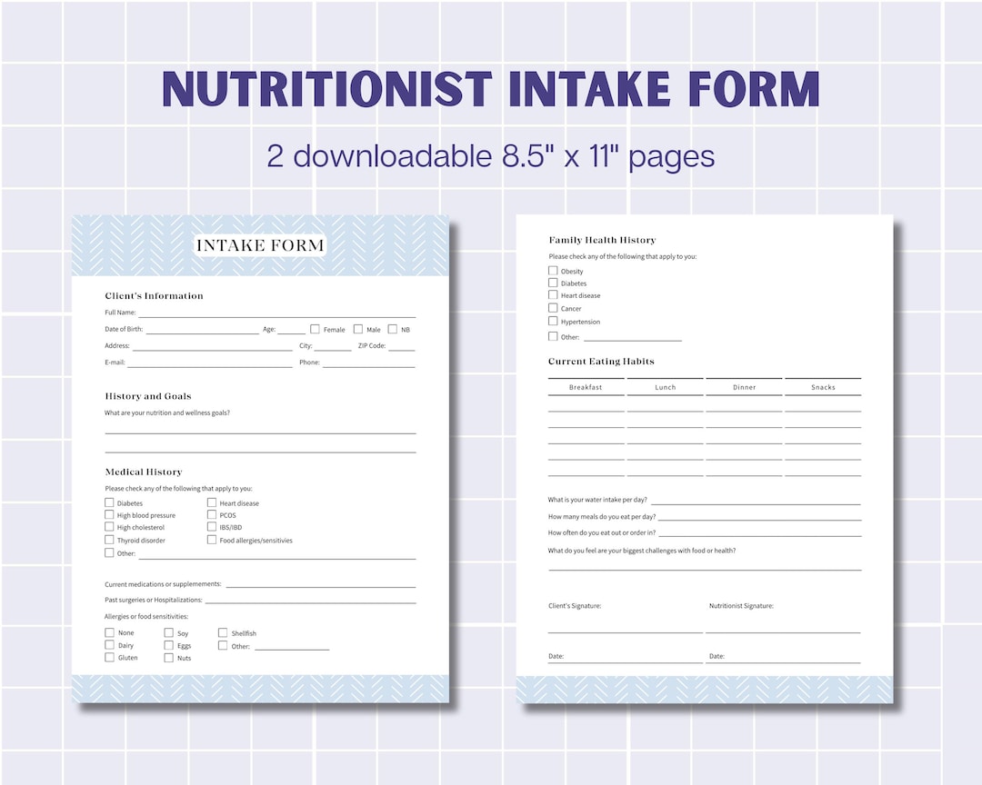 Nutrition Intake Form PDF, Printable Client Form for Nutritionists ...