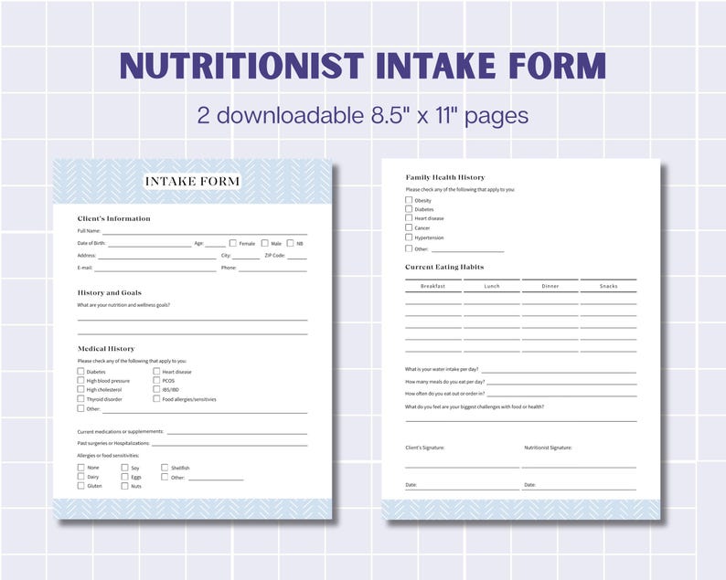 Nutrition Intake Form PDF, Printable Client Form for Nutritionists ...
