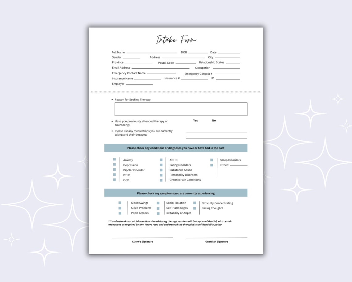 Counseling Intake Form, Canadian, Psychotherapy Consent, Mental Health ...