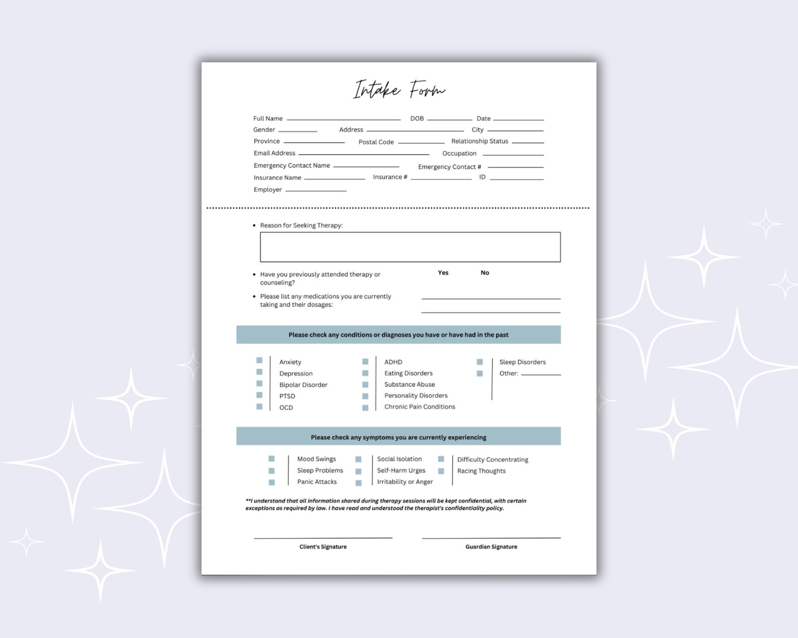 Counseling Intake Form, Canadian, Psychotherapy Consent, Mental Health ...