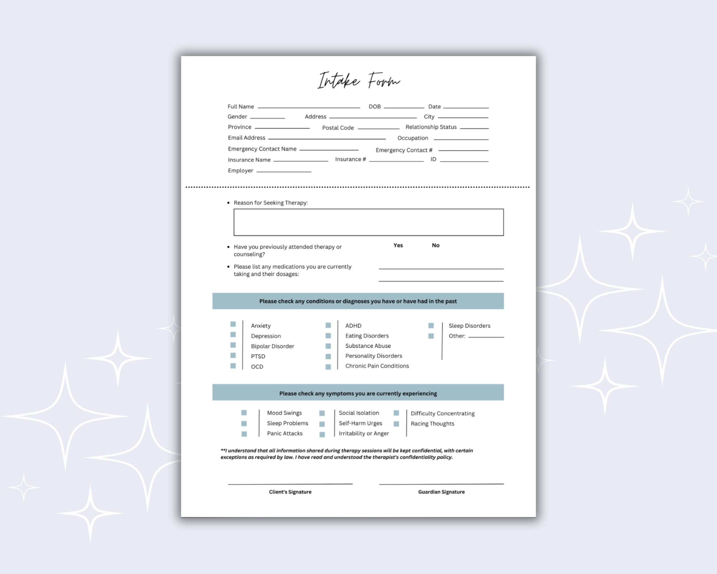 Counseling Intake Form, Canadian, Psychotherapy Consent, Mental Health ...