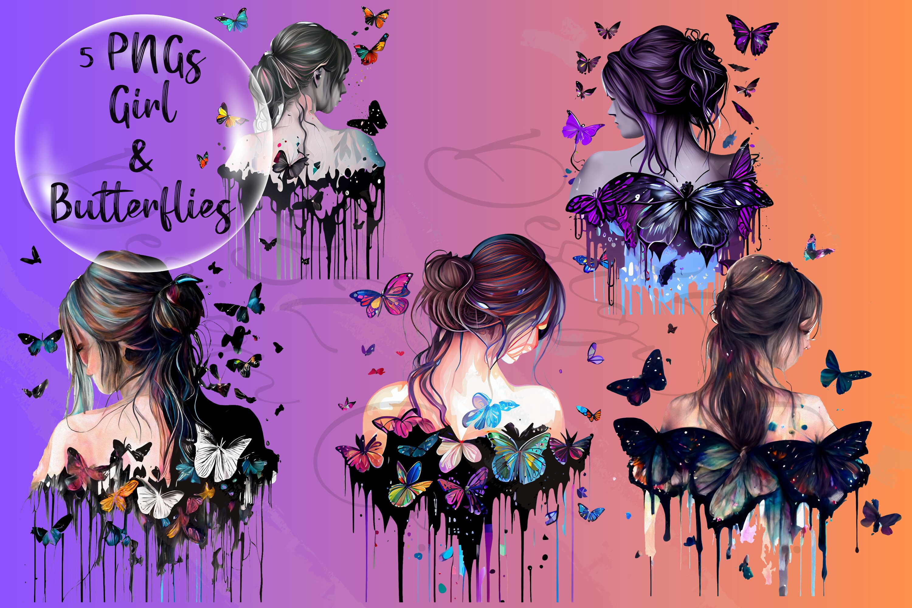 Girl and Butterflies Watercolor, Girl and Butterflies Sublimation, Girl ...