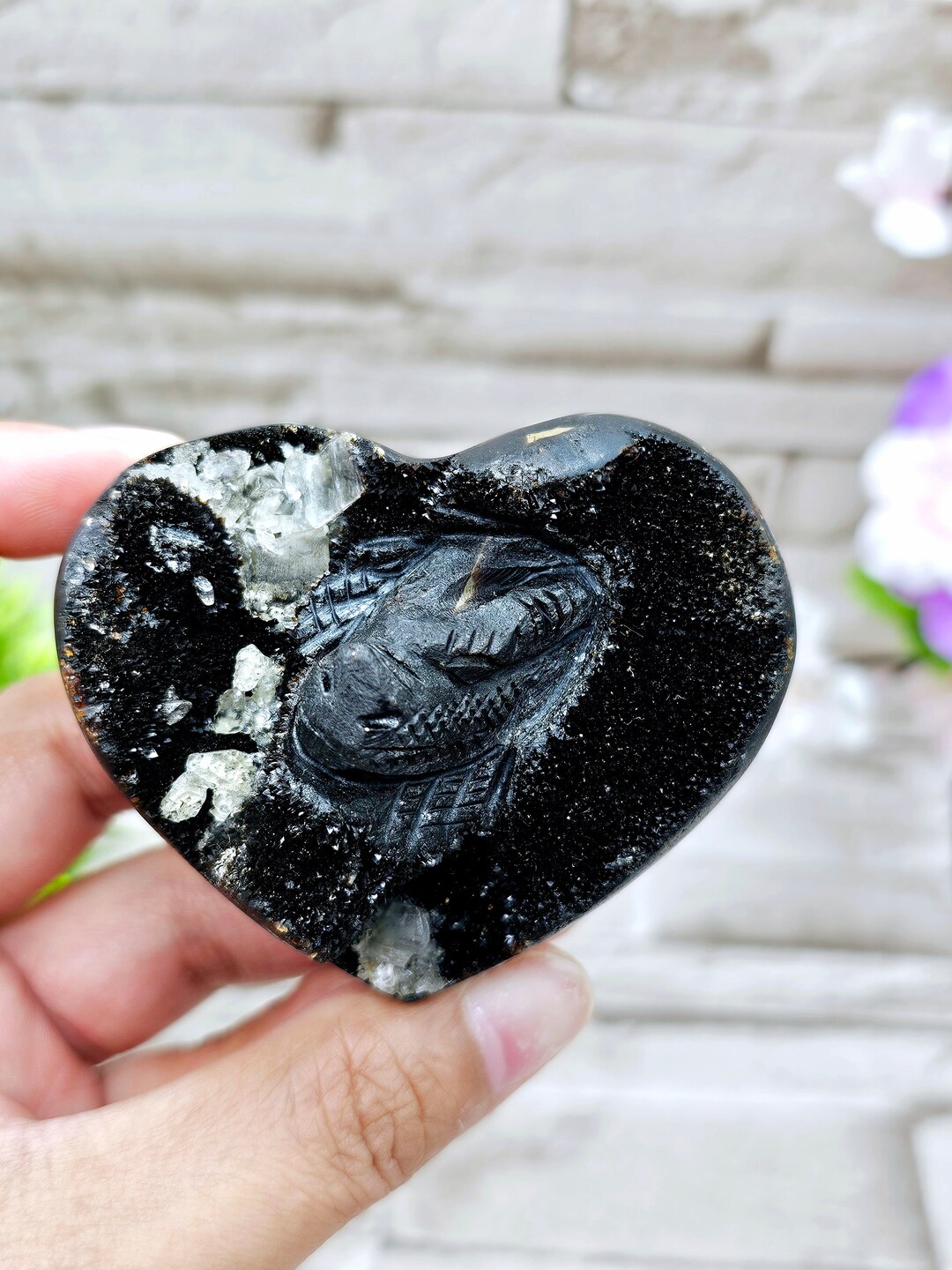 Septarian Heart With Calcite and Dragon Head Carving / Septarian ...